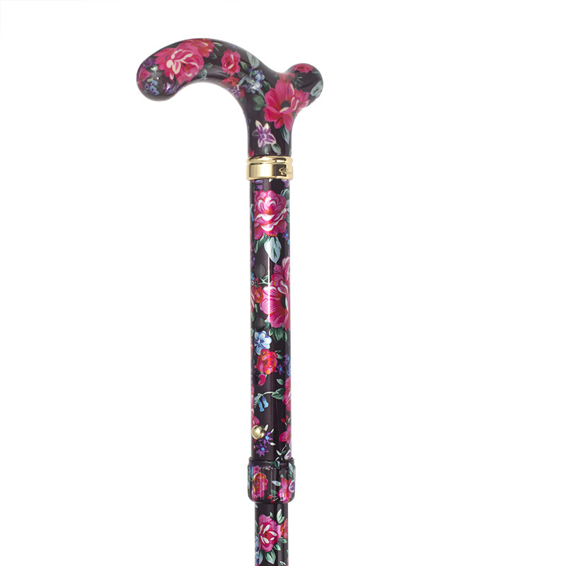 Petite Adjustable Folding Easy-Joint Pink and Black Floral Walking Cane ...